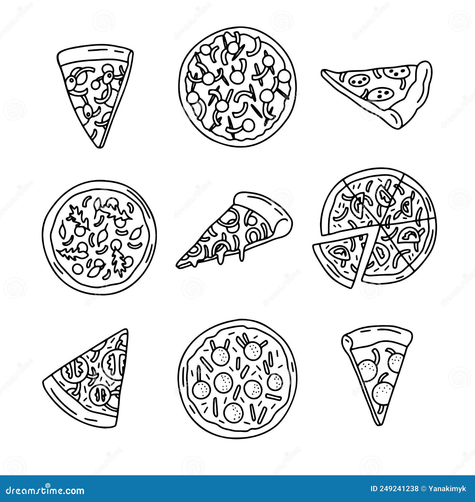 Outline Drawing Pizza Slices, Whole Pizza. Vector Line Simple Doodle ...