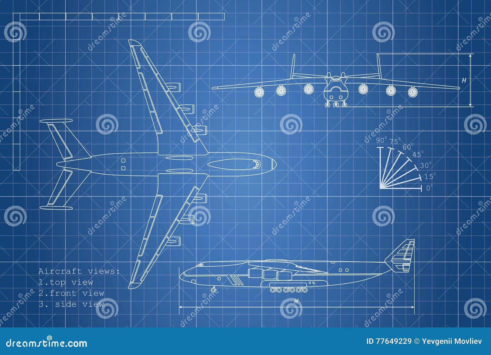 Outline Drawing Plane on a Blue Background. Top, Side and Front Stock ...