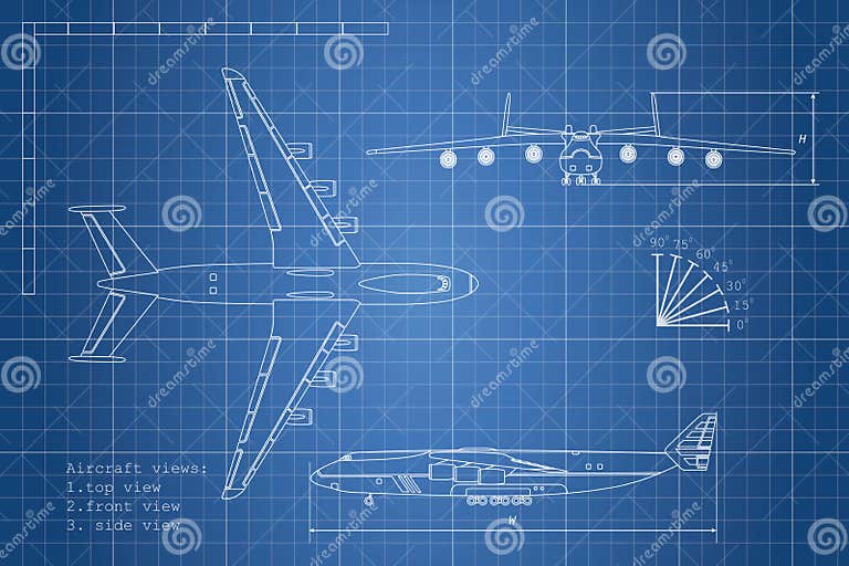 Outline Drawing Plane on a Blue Background. Top, Side and Front Stock ...