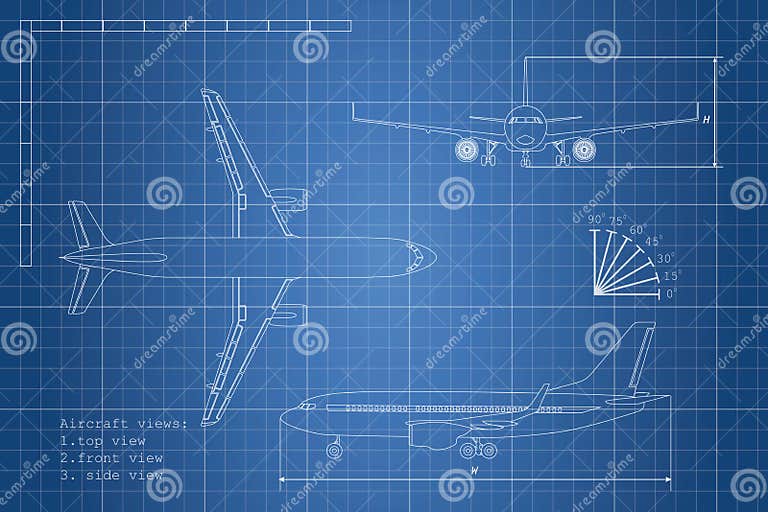 Outline Drawing Plane on a Blue Background. Top, Side and Front Stock ...