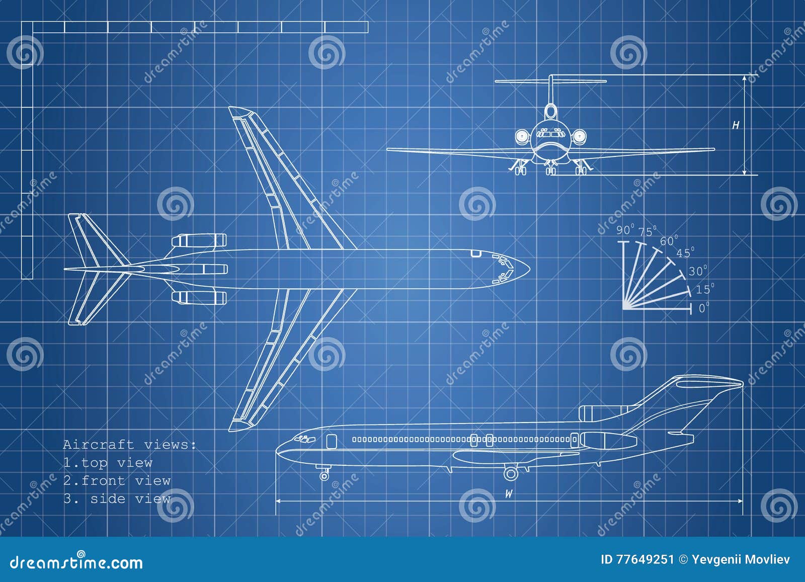Outline Drawing Plane on a Blue Background. Top, Side and Front Stock ...
