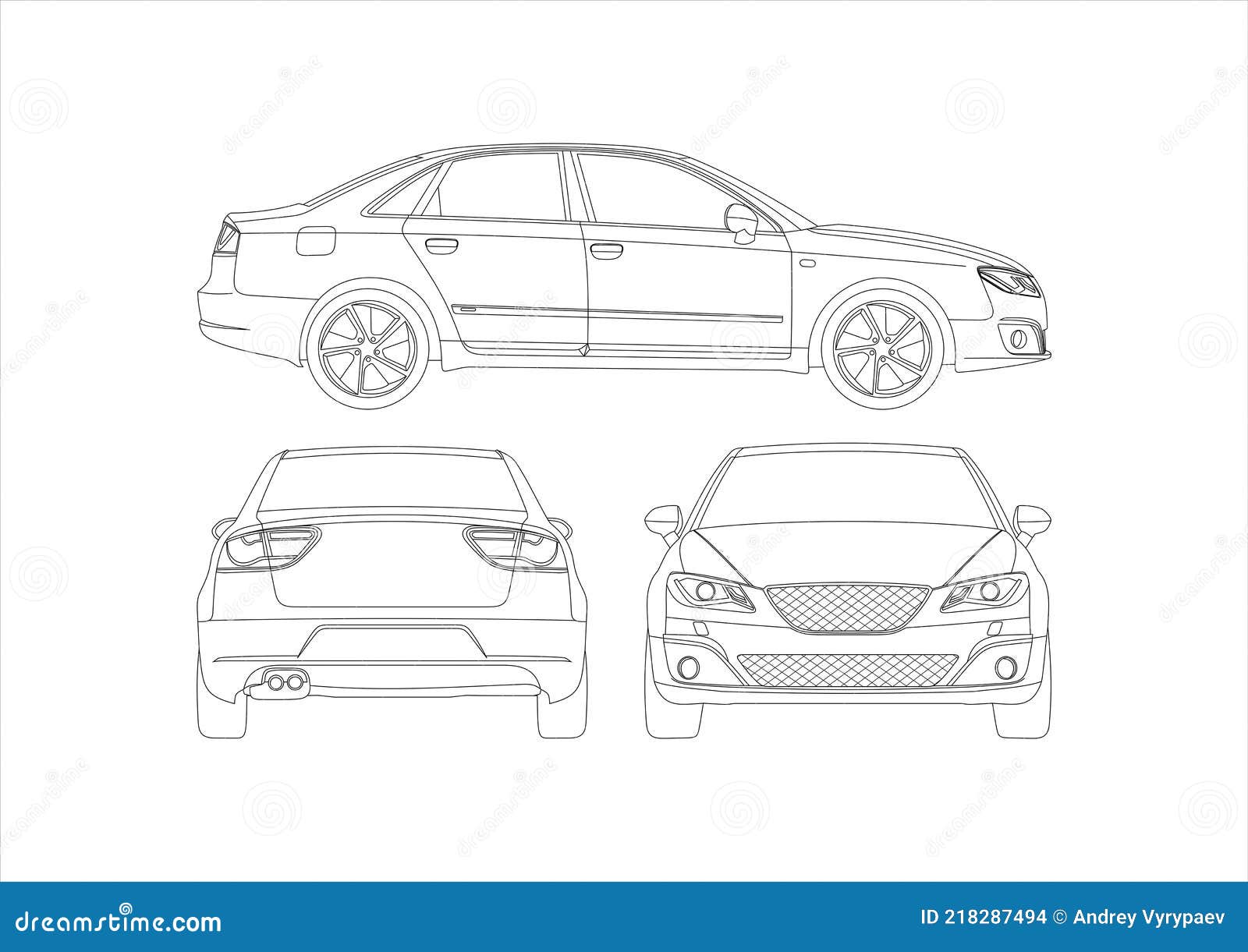 Outline Sedan Car Vector Drawing In Different Point Of View ...