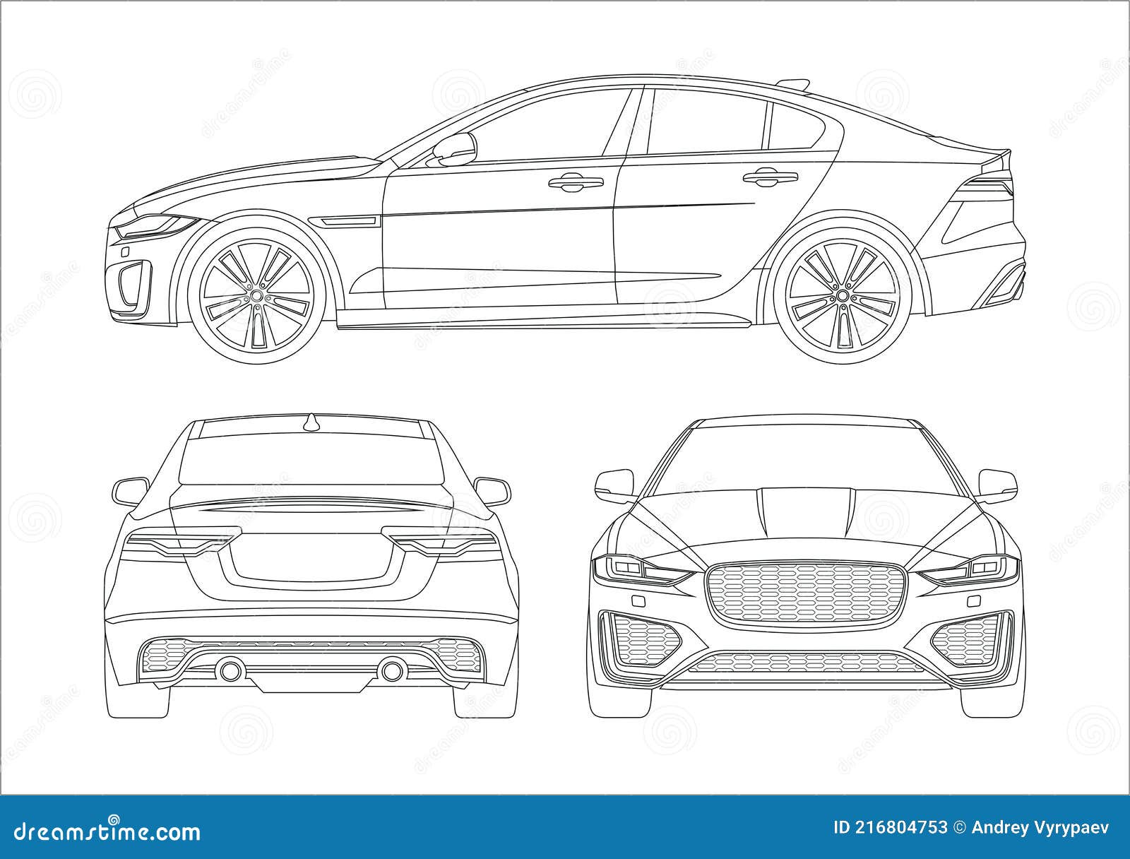 Outline Sedan Car Vector Drawing In Different Point Of View ...