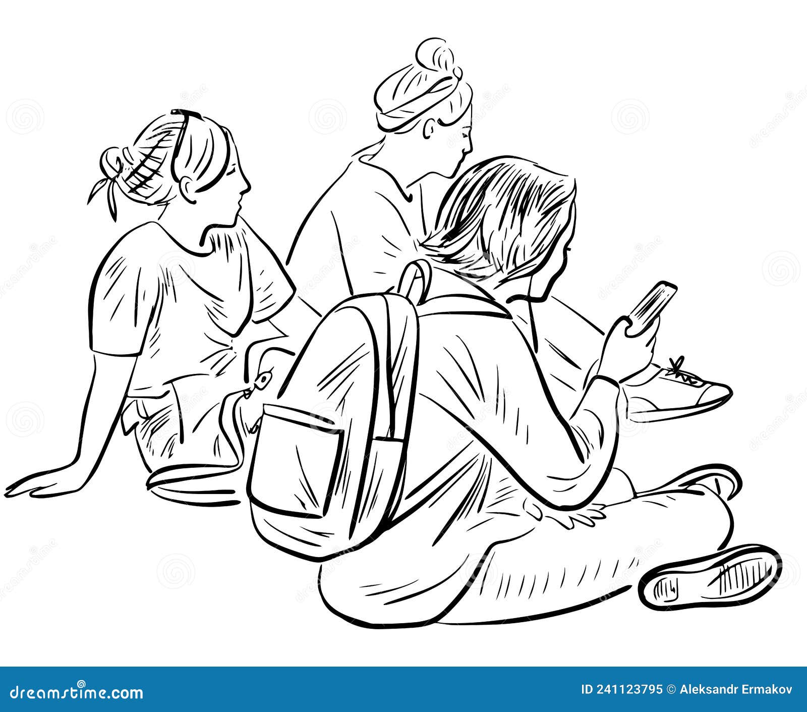 Outline Drawing of Three Students Girls Sitting Outdoors for Resting ...