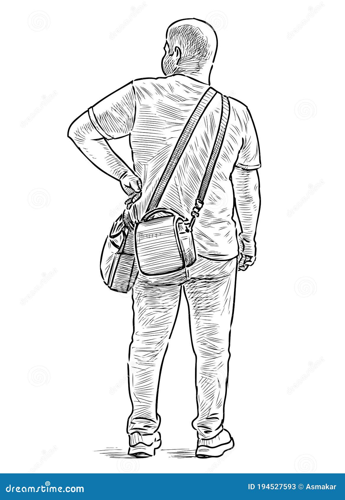 Outline Drawing of Tourist Man Standing Outdoors and Looking Stock ...
