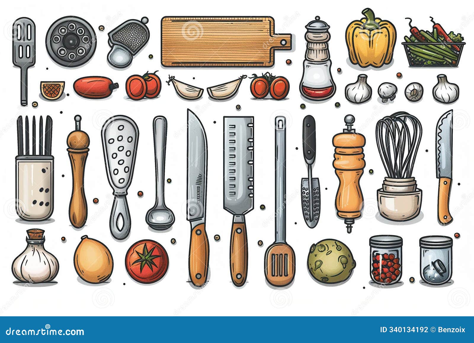 An Outline Drawing of Various Kitchen Utensils Illustration Stock Photo ...