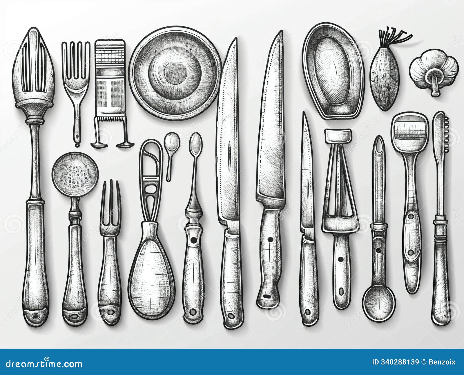 An Outline Drawing of Various Kitchen Utensils Illustration Stock Image ...
