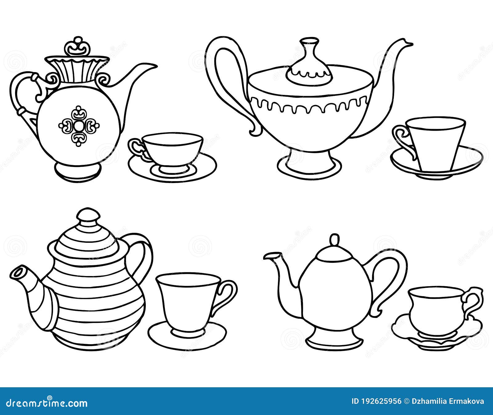 Outline Drawings of Various Tea Pots and Tea Cups Stock Vector ...