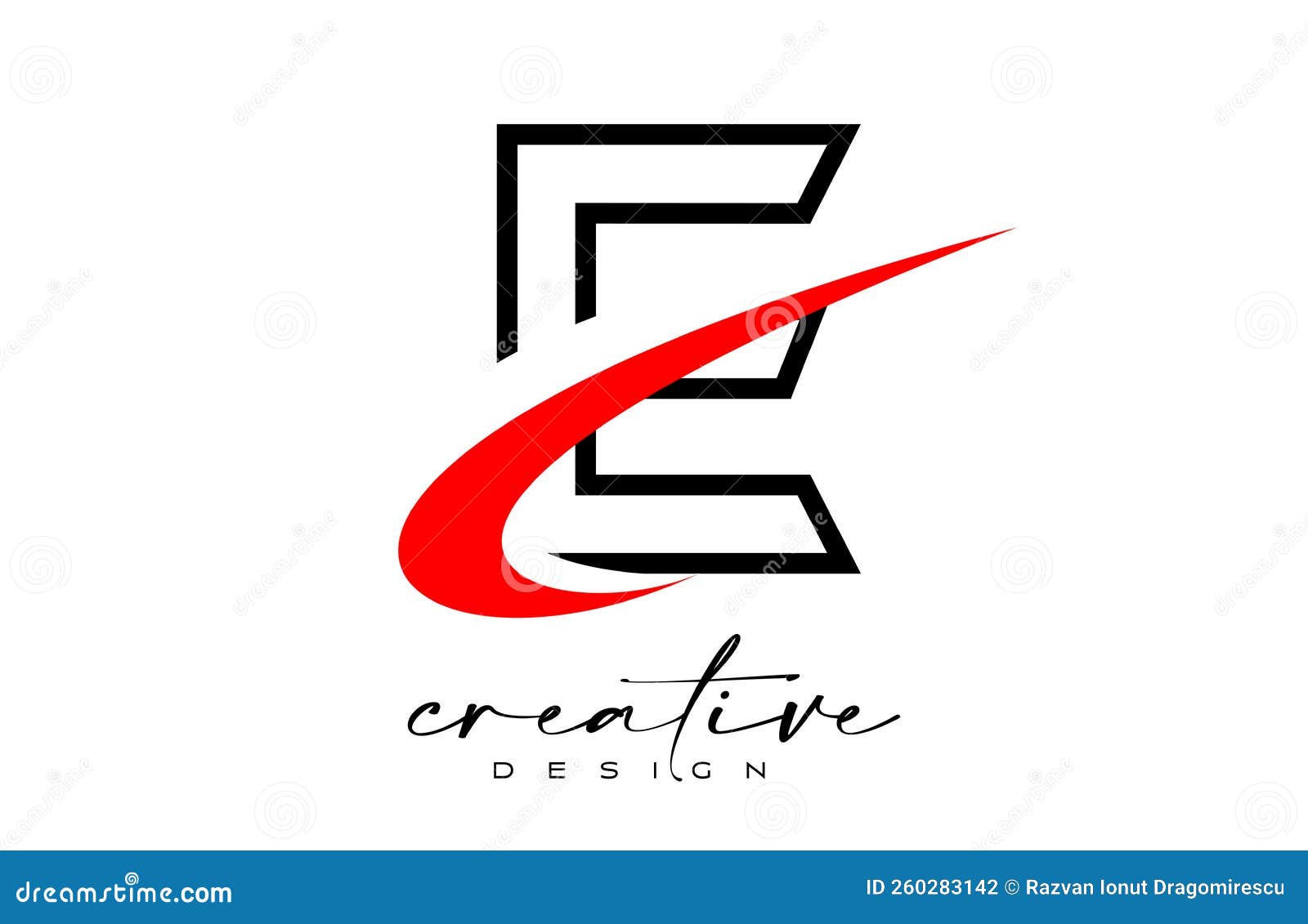 Outline E Letter Logo Design with Creative Red Swoosh. Letter E Initial ...