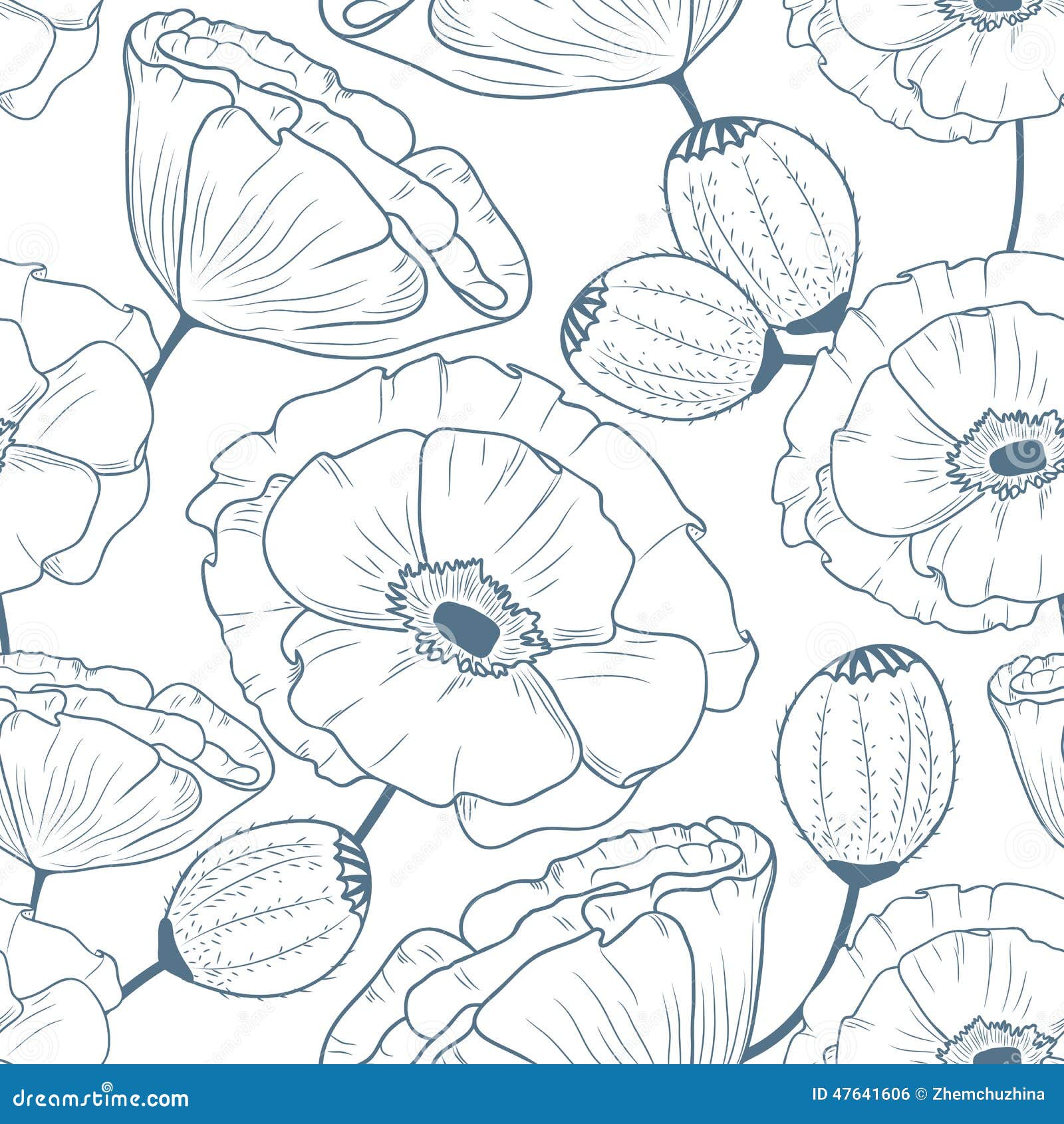 Outline Floral Seamless Pattern with Doodle Poppies Stock Vector ...