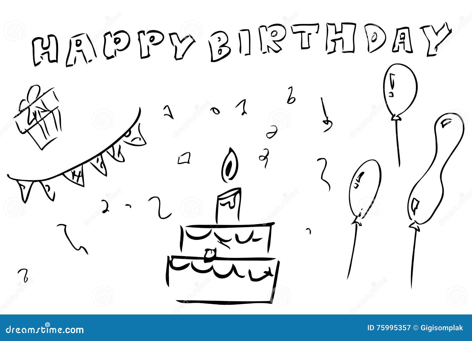 Outline Hand Draw Sketch of Birthday Greeting Card Element Design Stock ...