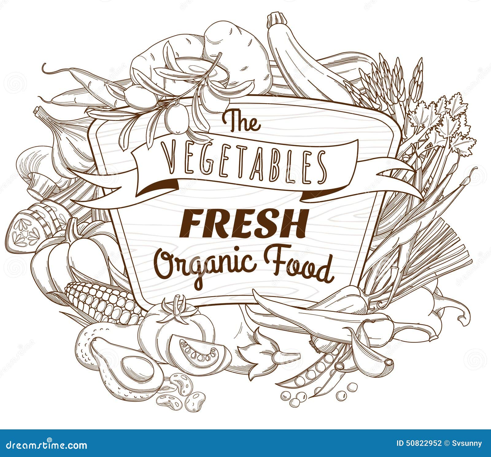 Outline Hand Drawn Sketch Vegetable Wooden Frame (flat Style, Th Stock ...