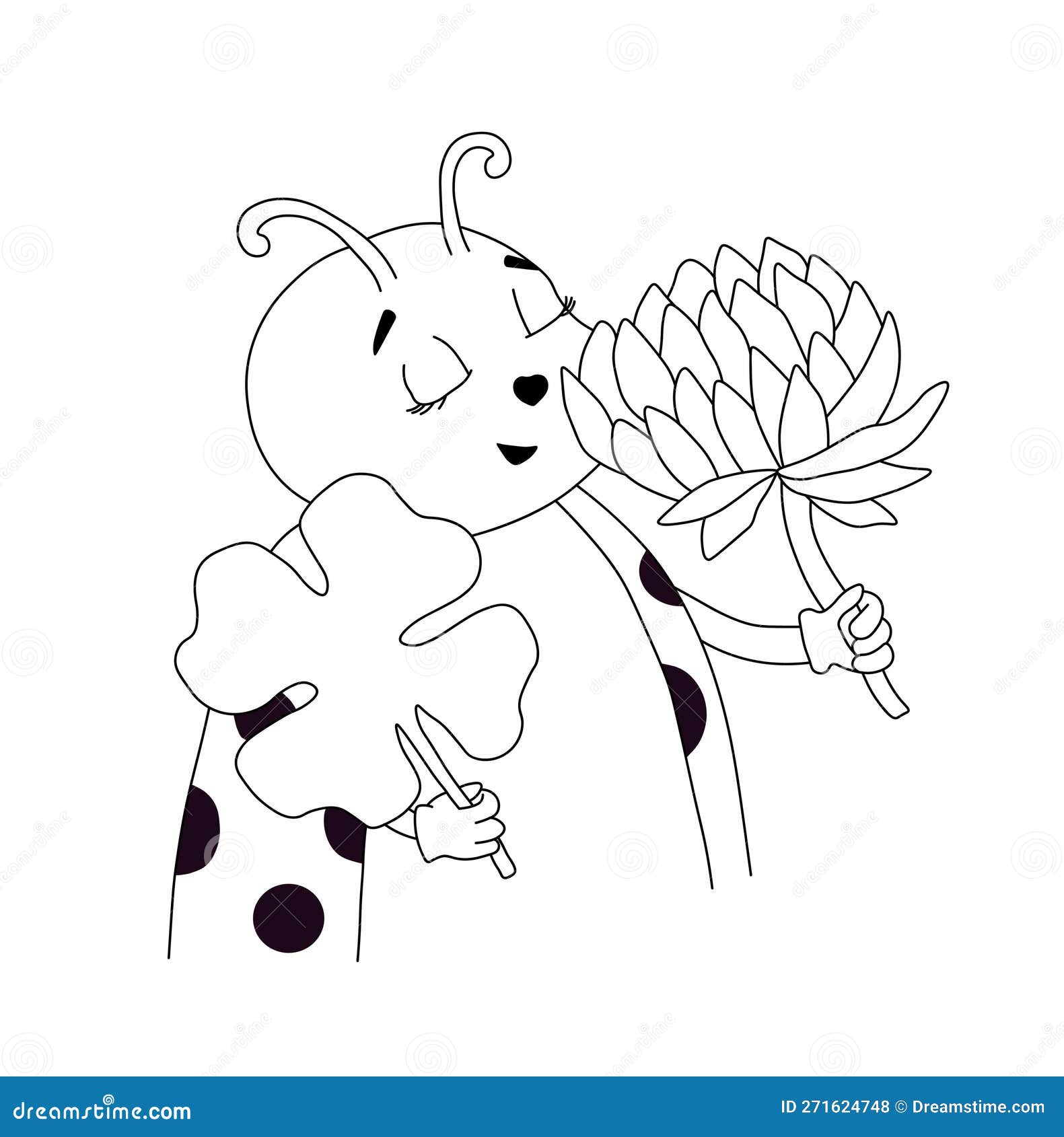 Outline Of Happy Ladybug With Clover Leaf Sniffs Clover Flower Vector ...