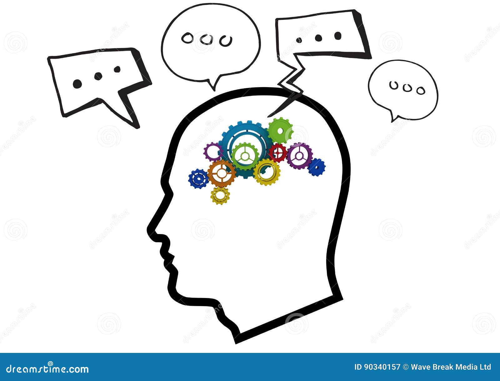 Outline Head with 3D Cogs Brain with Bubbles Graphic Stock Illustration ...