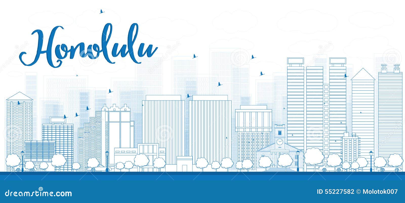 Honolulu USA Skyline And Landmarks Silhouette Cartoon Vector ...