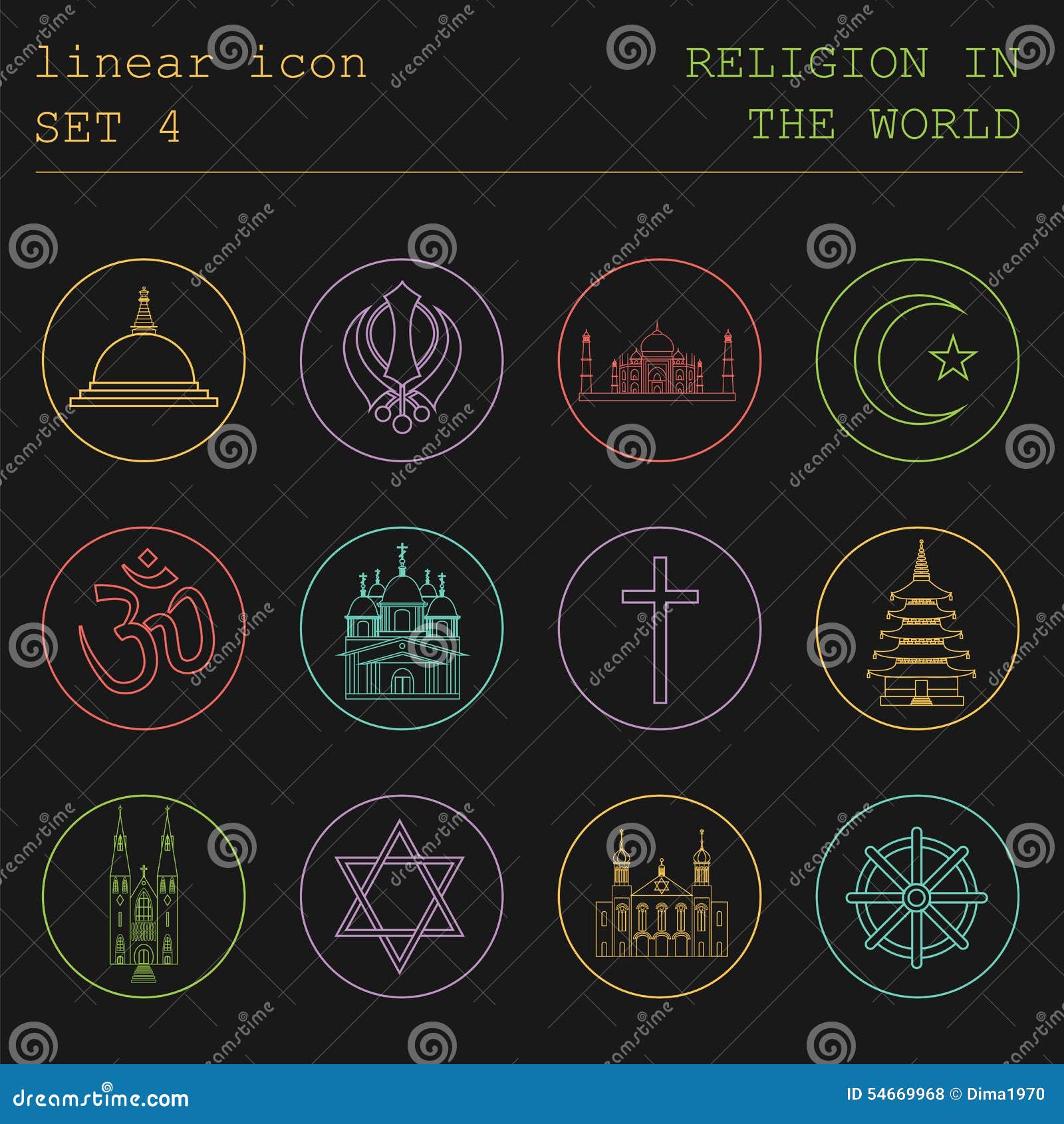 Outline Icon Set Religion In The World Flat Linear Design Stock Vector