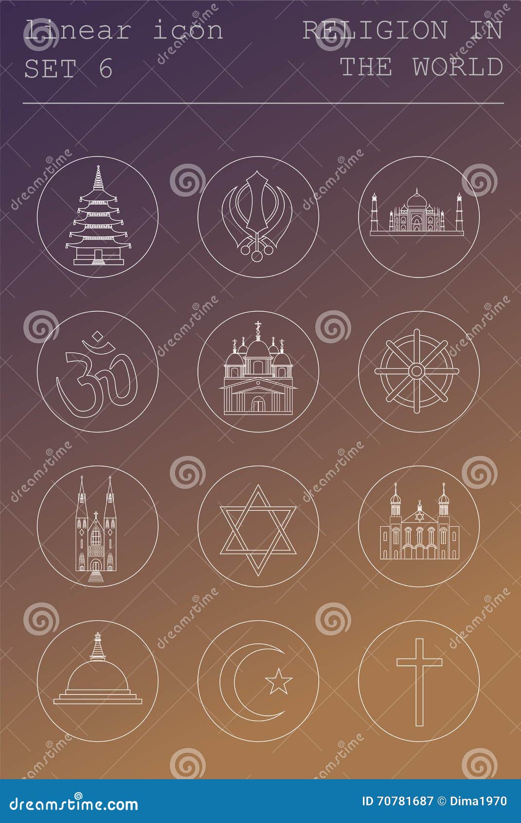 Outline Icon Set Religion in the World. Flat Linear Design Stock Vector ...