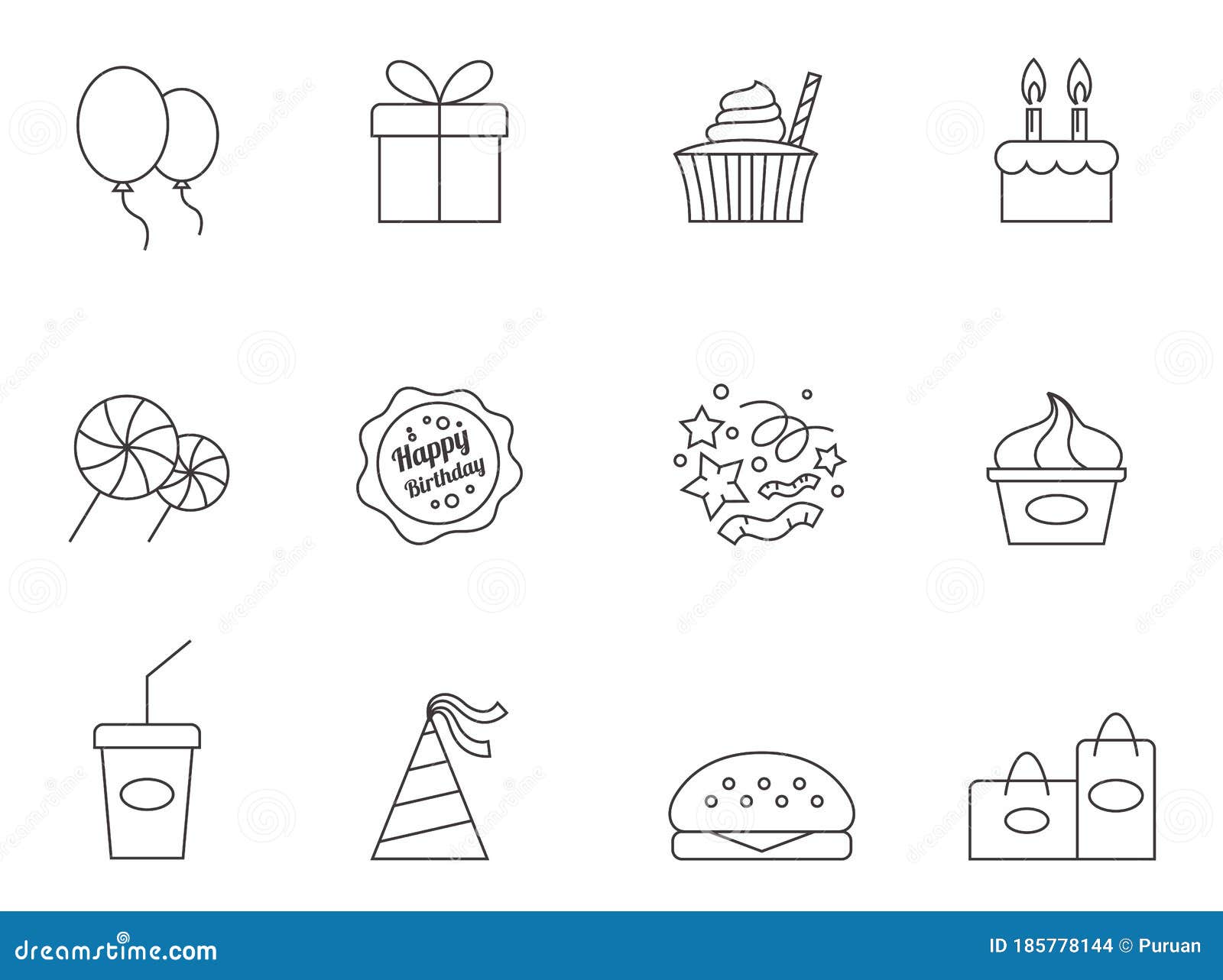 Outline Icons - Birthday stock vector. Illustration of balloon - 185778144