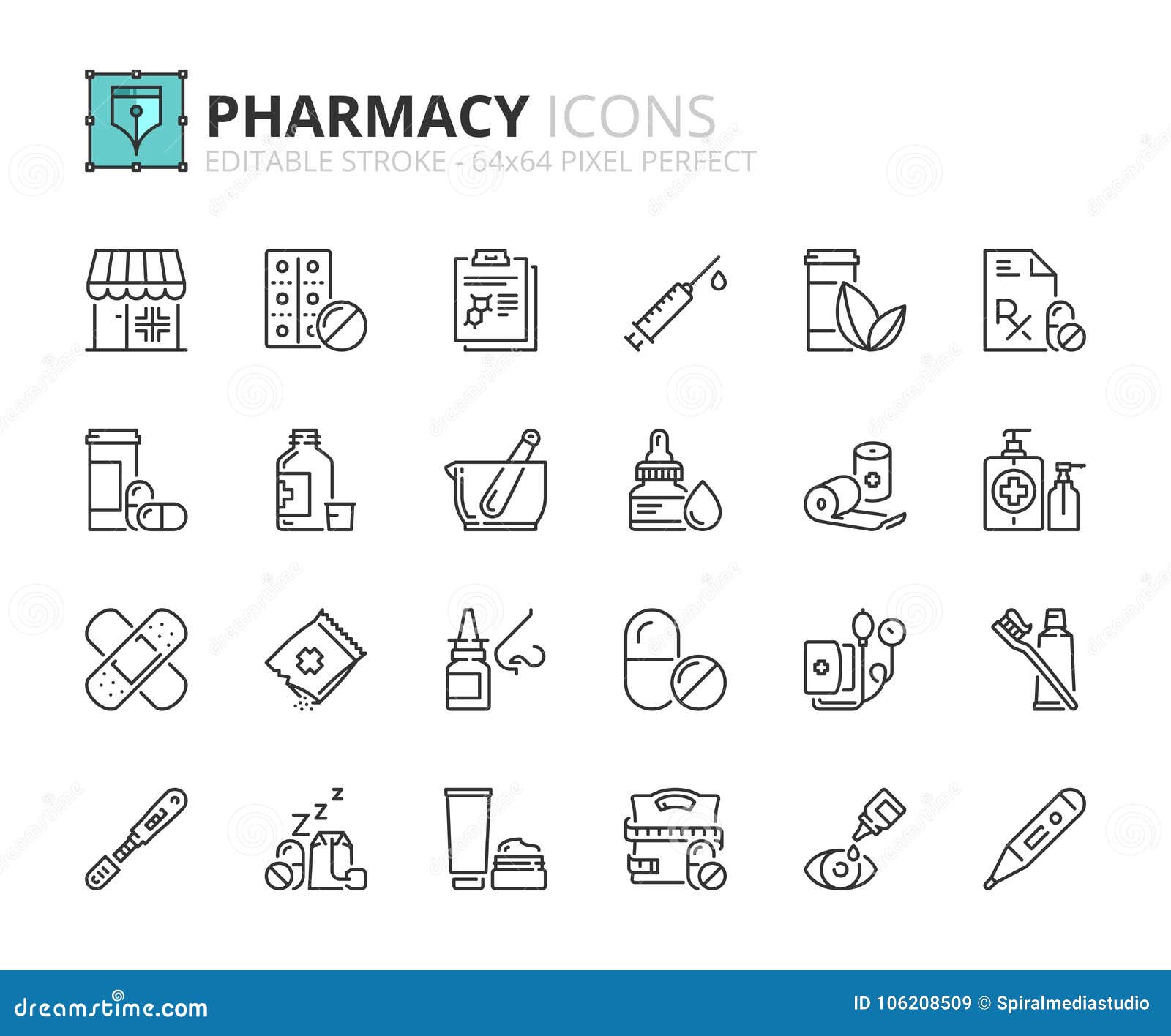 Outline Icons about Pharmacy Stock Vector - Illustration of band ...