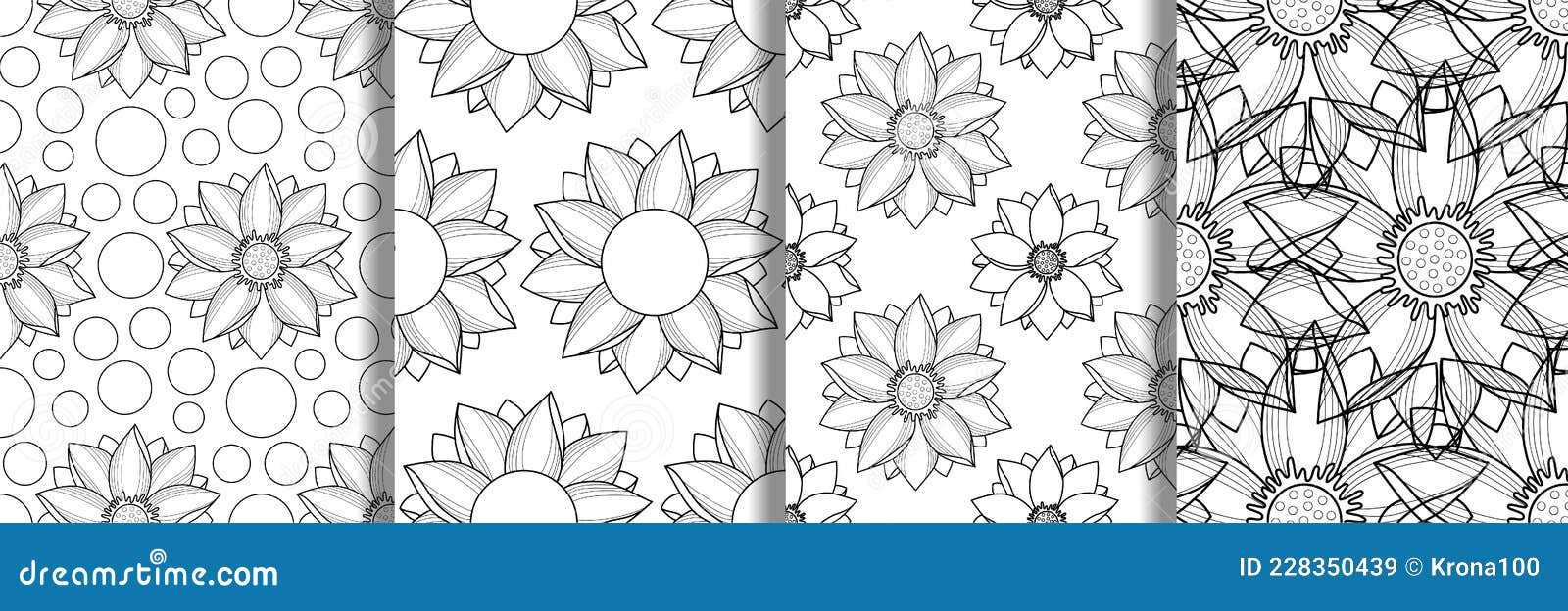 Outline Lotus Seamless Pattern Set. Repeat Backgrounds Cartoon Vector ...