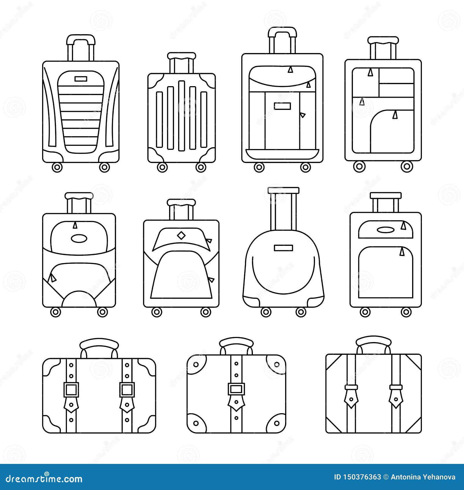 Outline luggage icons. stock vector. Illustration of flat - 150376363