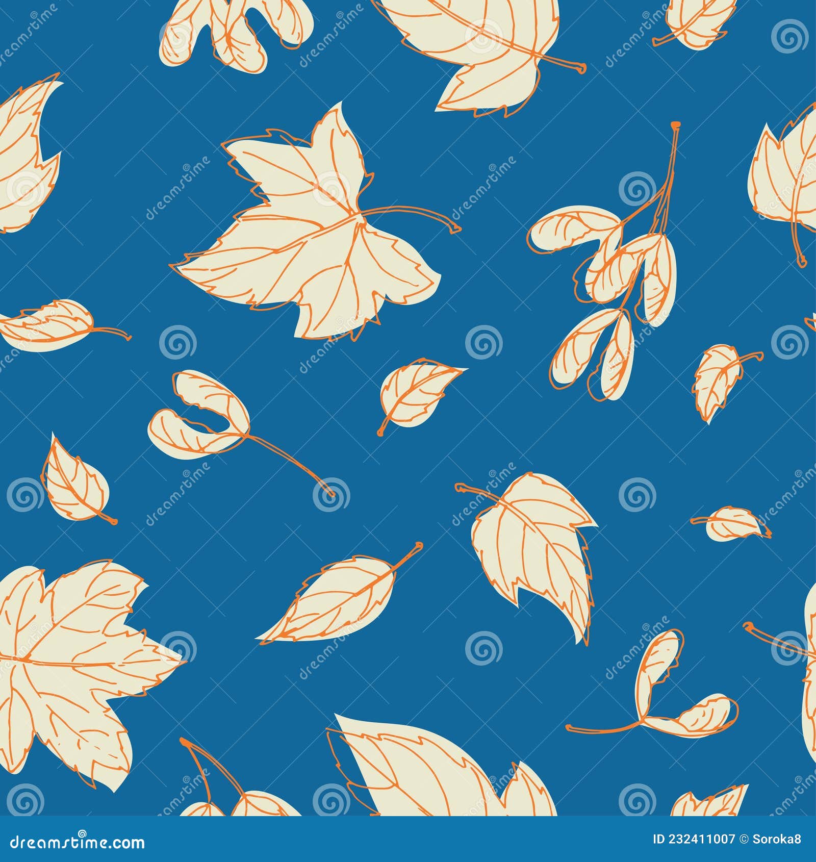 Outline Maple Leaves in Turquoise Background. Seamless Vector Pattern ...
