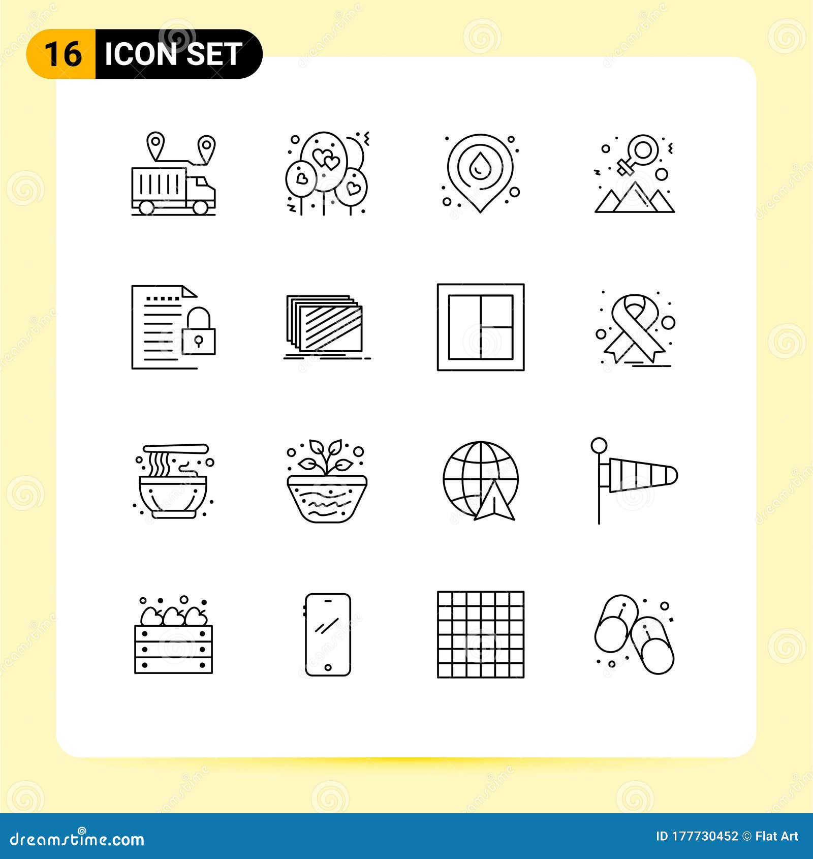 Outline Pack of 16 Universal Symbols of Document, Success, Fire ...