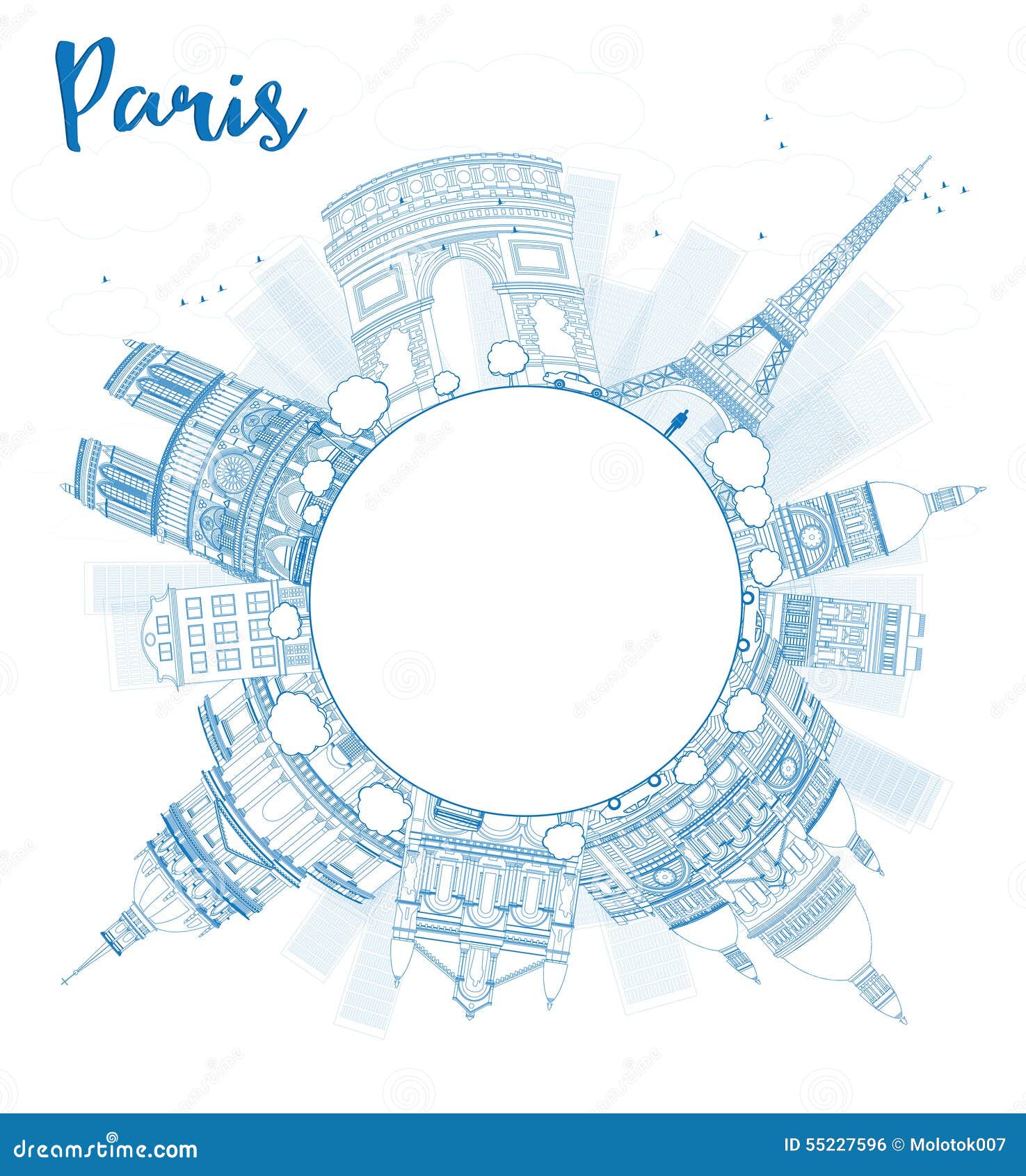 Outline Paris France City Skyline With Blue Buildings Cartoon Vector ...