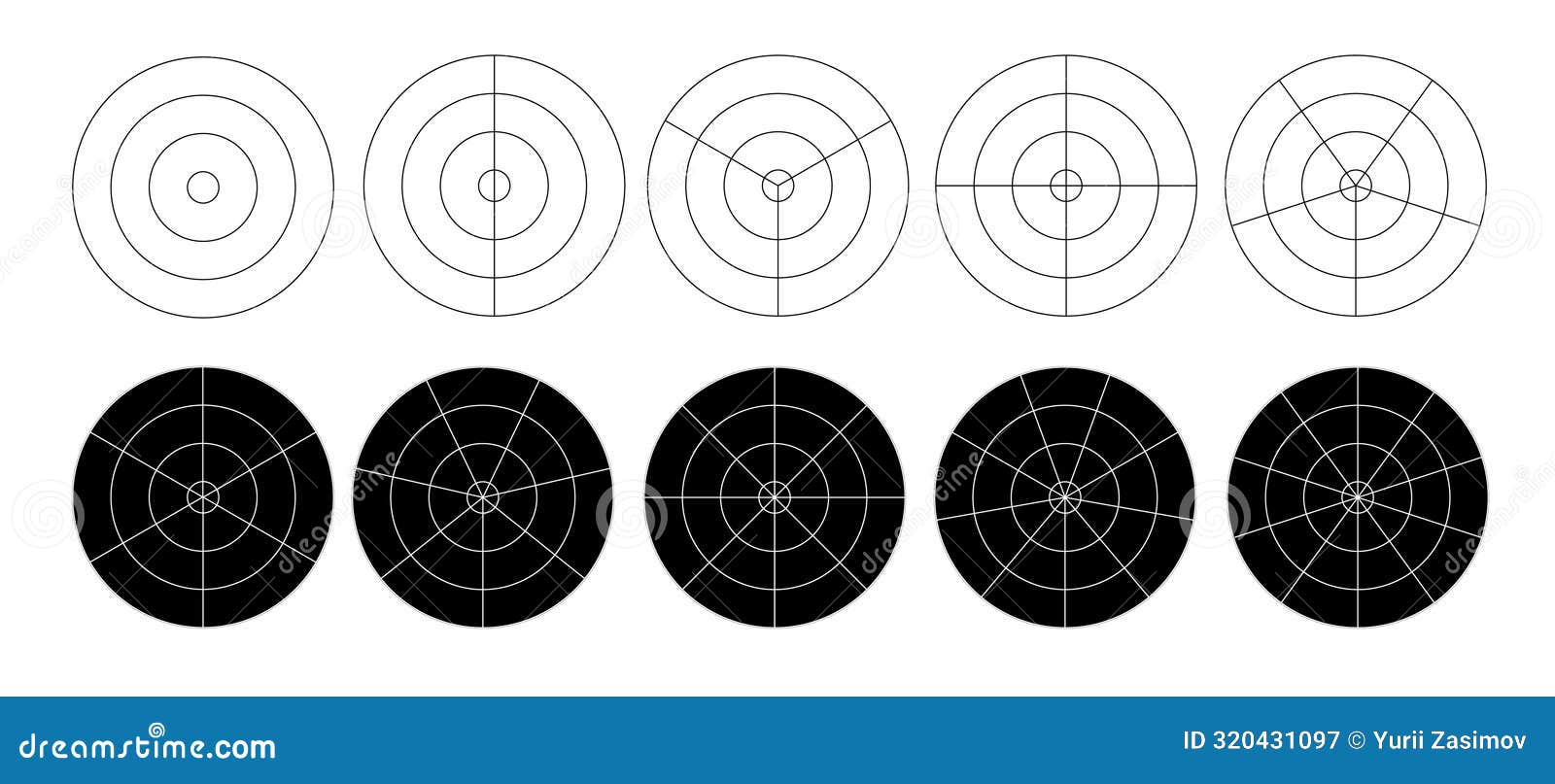 Outline Polar Grid Set. Polar Grid Divided Template Set. Radar Circular ...
