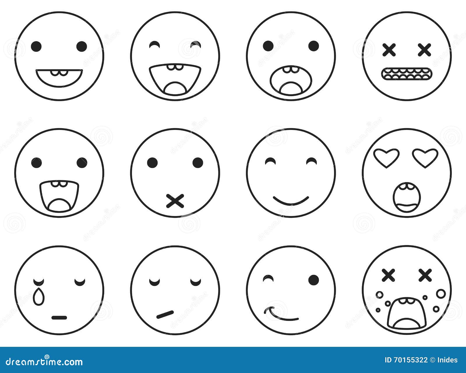 Outline Round Smile Emoji Set. Emoticon Icon Linear Style Vector. Stock ...