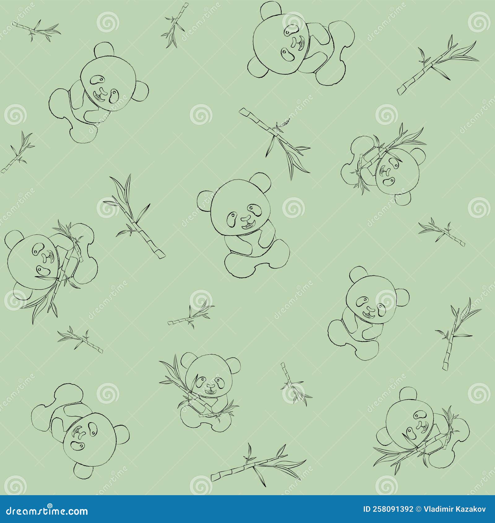 Outline Seamless Pattern with Panda Bear Cub and Bamboo Branches with ...