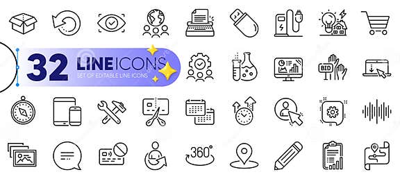 Outline Set of Cogwheel, Share and Spanner Tool Line Icons. for Web App ...