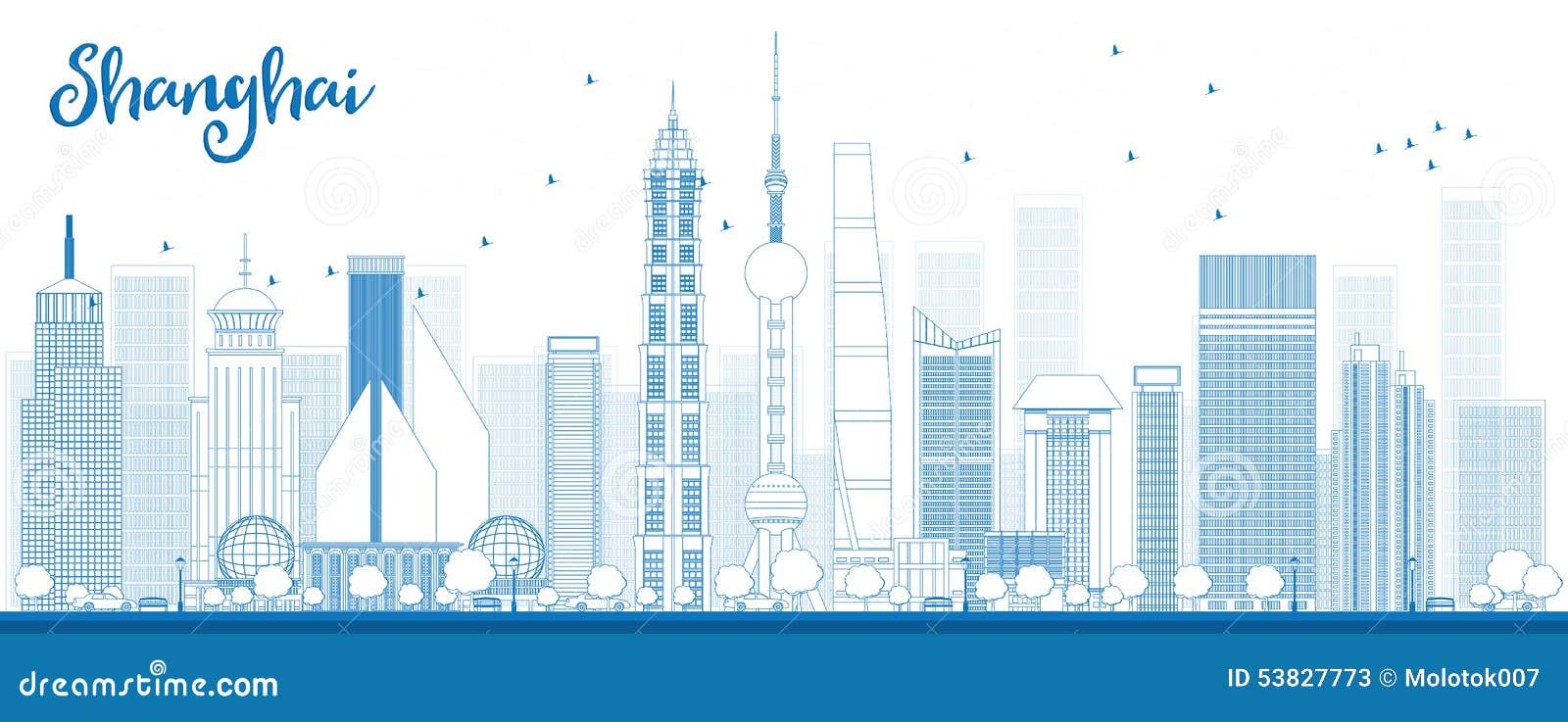 Outline Shanghai China City Skyline With Blue Buildings And Copy ...