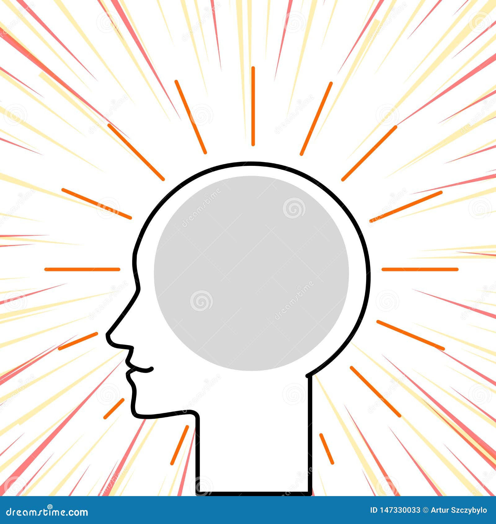 Profile View of Human Head Surrounded by Light Rays with Blank Space To ...
