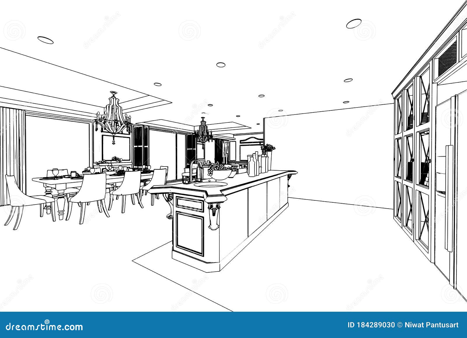 Outline Sketch Drawing Interior Perspective of House Stock Illustration ...