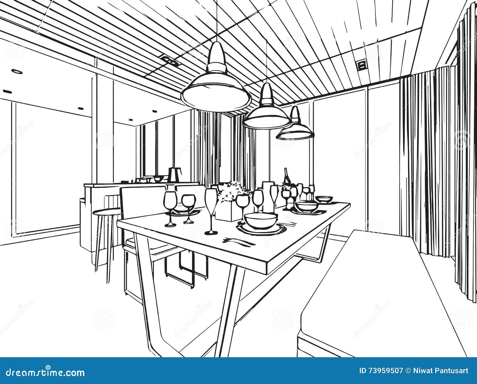 Outline Sketch Drawing Interior Perspective of House Stock Vector ...