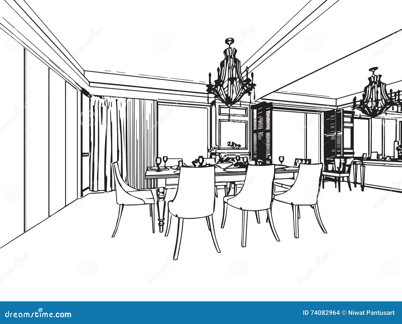 Outline Sketch Drawing Interior Perspective of House Stock Vector ...