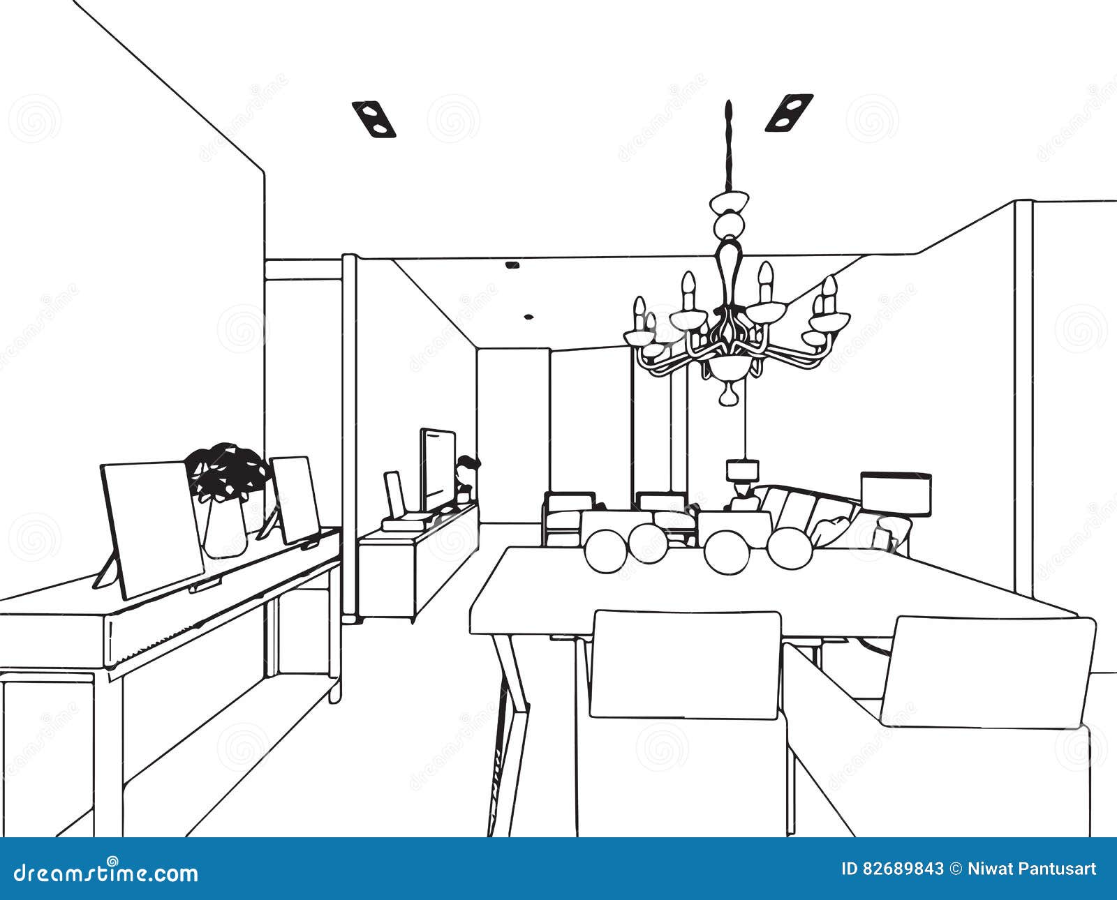 Outline Sketch Drawing Interior Perspective of House Stock Vector ...