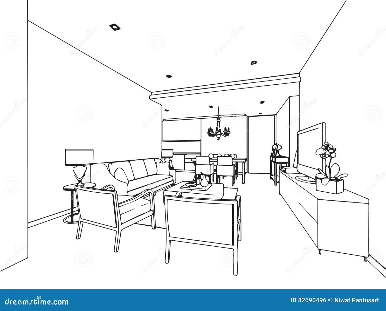 Outline Sketch Drawing Interior Perspective of House Stock Vector ...