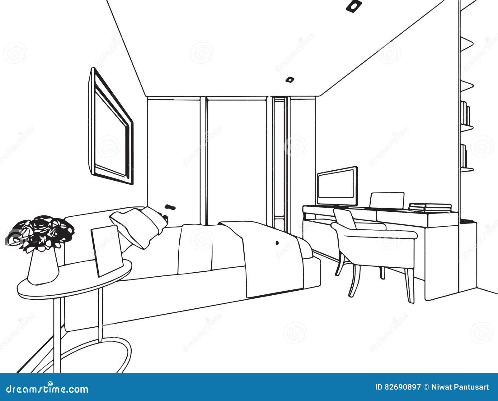 Outline Sketch Drawing Interior Perspective of House Stock Vector ...