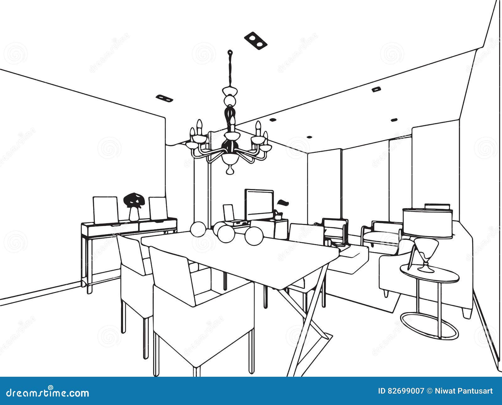Outline Sketch Drawing Interior Perspective of House Stock Vector ...
