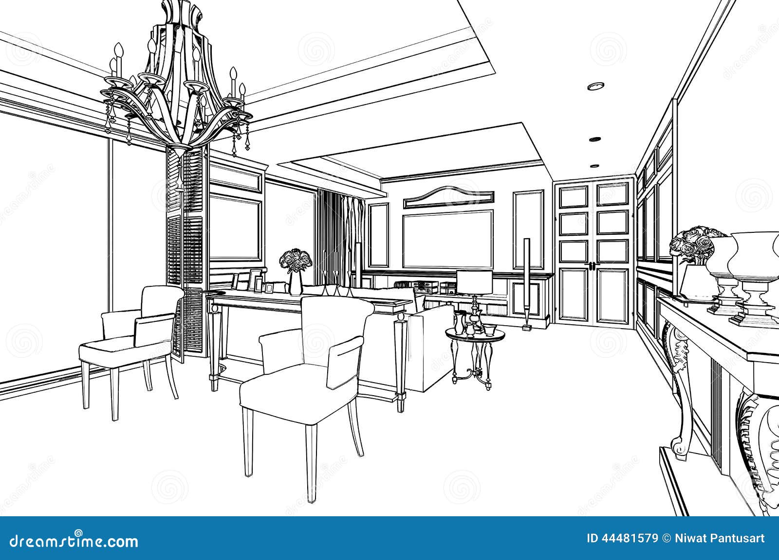 Outline Sketch of a Interior Stock Illustration - Illustration of ...