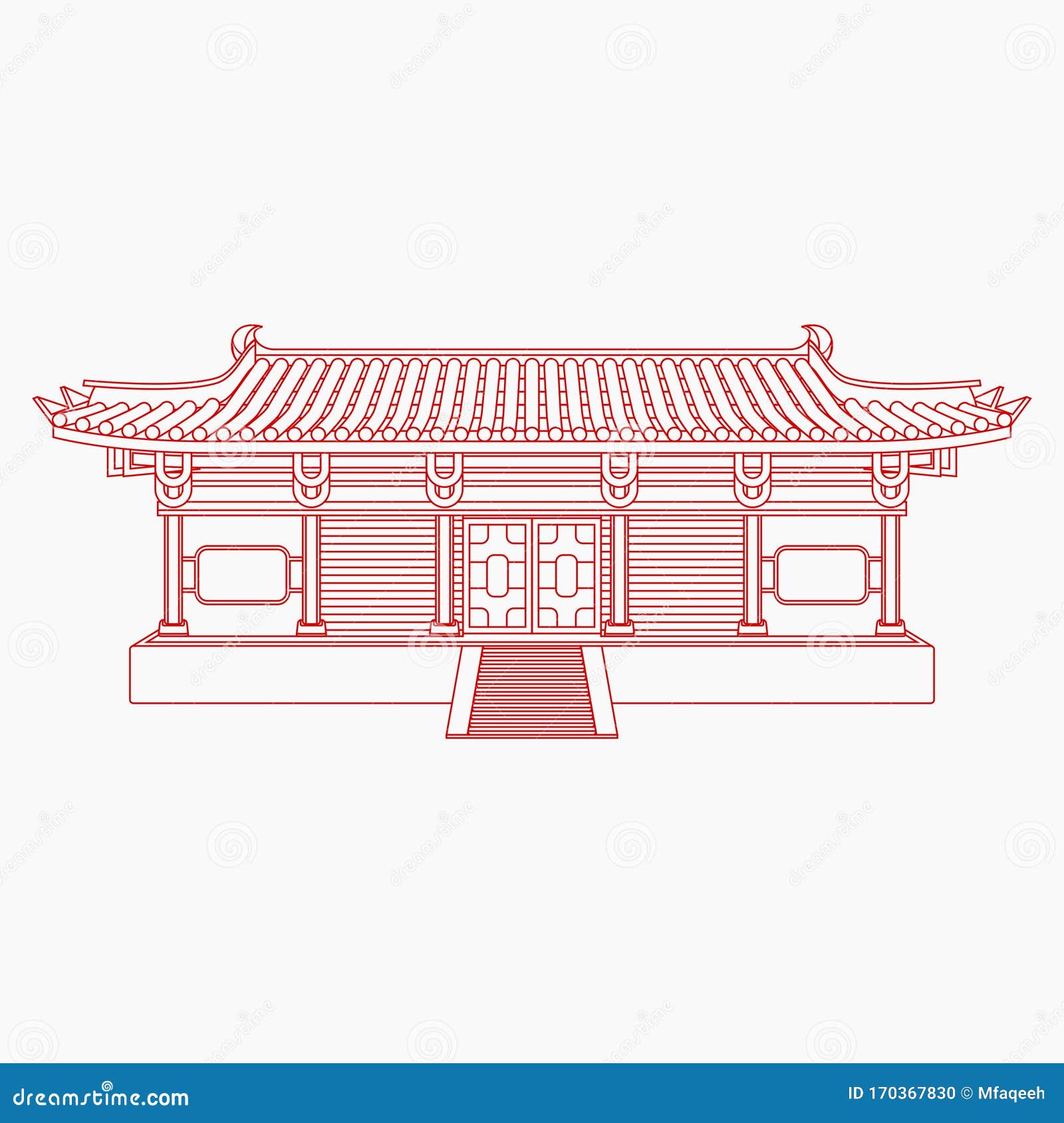 Outline Style Wide Traditional Chinese Building Vector Illustration ...