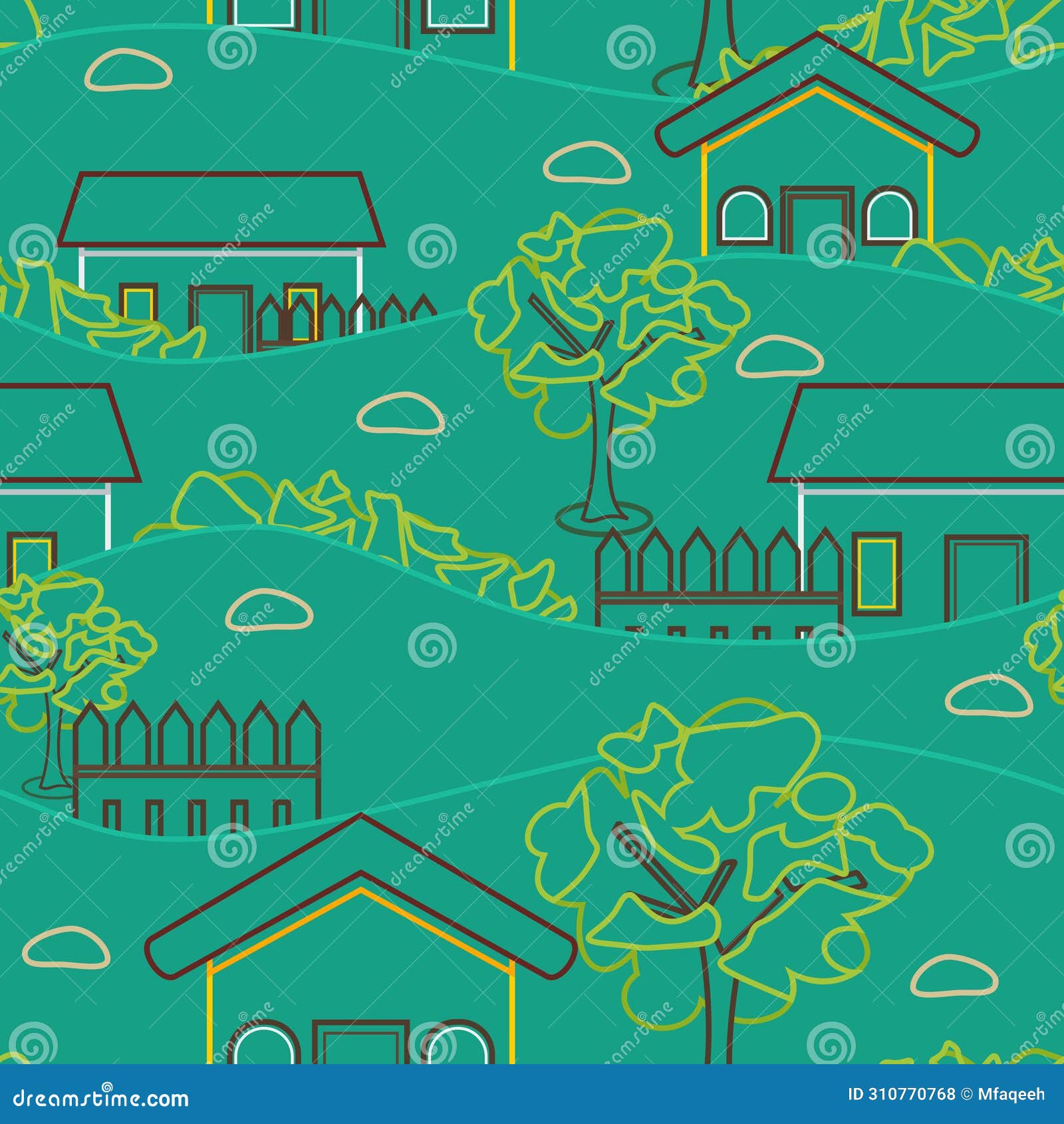 Outline Style Village Vector Illustration Seamless Pattern Stock ...