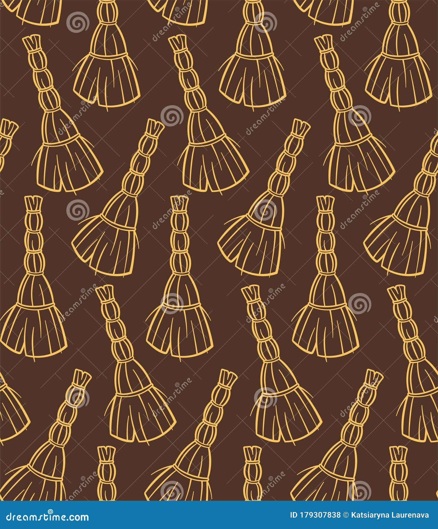 Outline Style Yellow Besoms For Cleaning Seamless Pattern On Brown ...