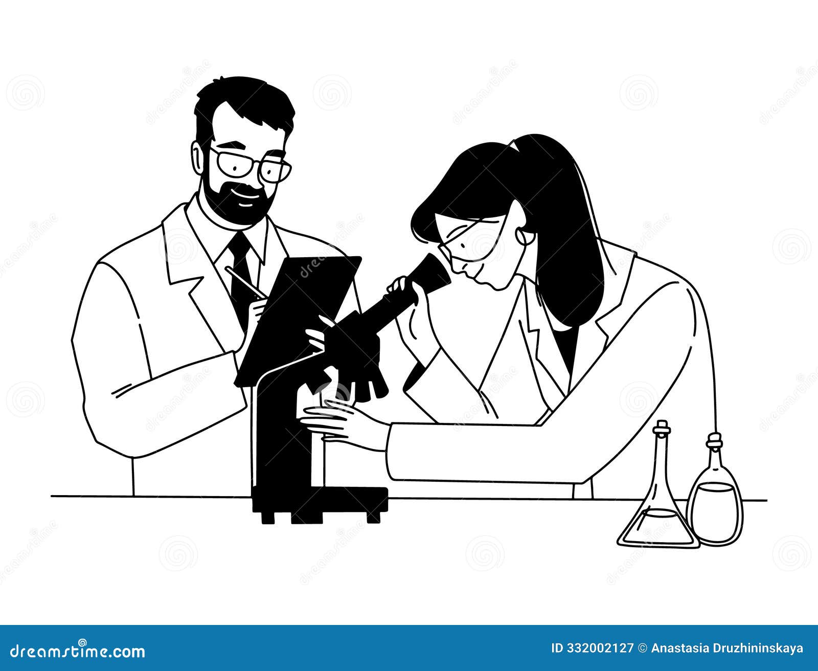 Outline Two Scientists Working with a Microscope Stock Illustration ...
