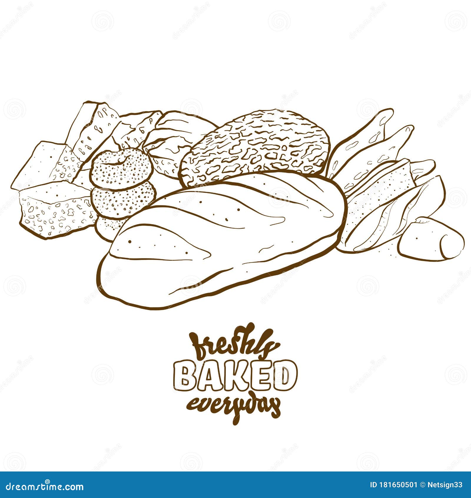Outline Version of Freshly Baked Everyday Lettering with Various Bread ...