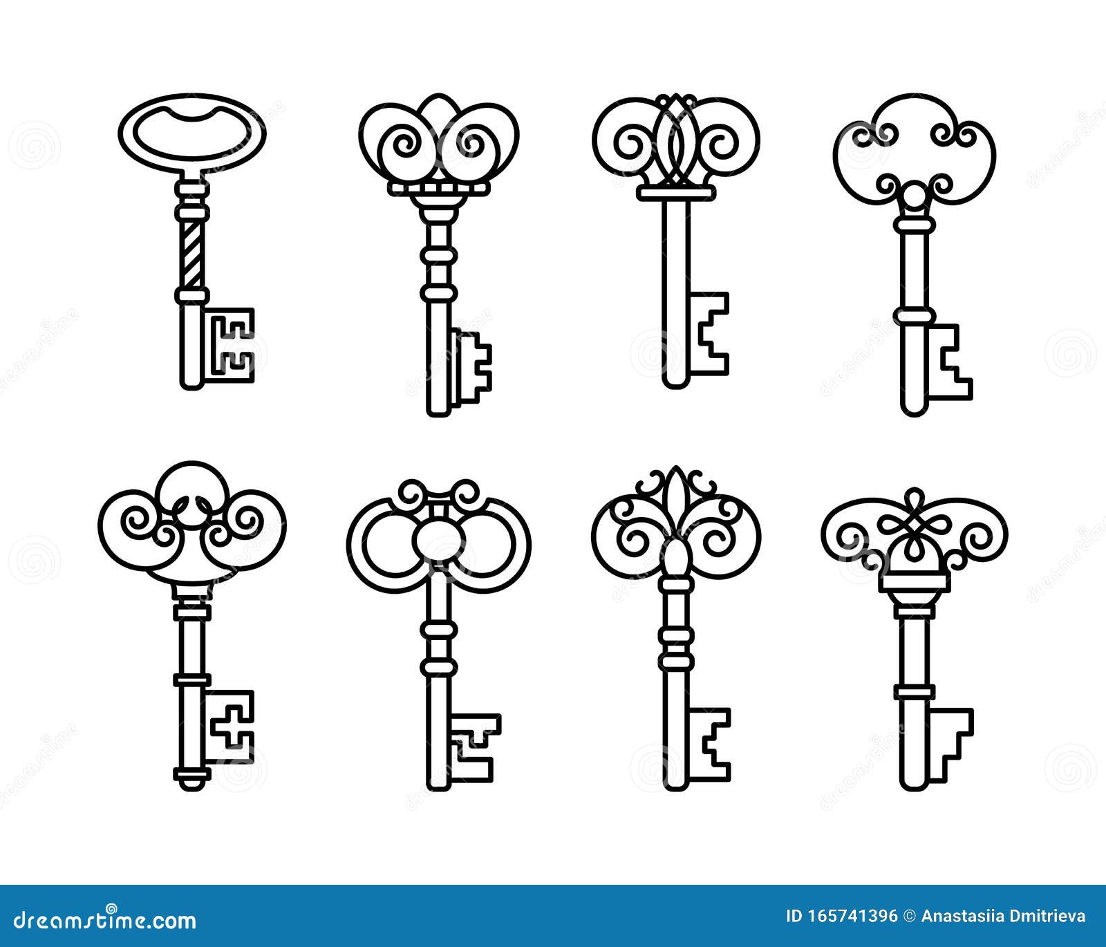 Outline Vintage Keys Set. Vector Logos and Signs in Linear Style ...