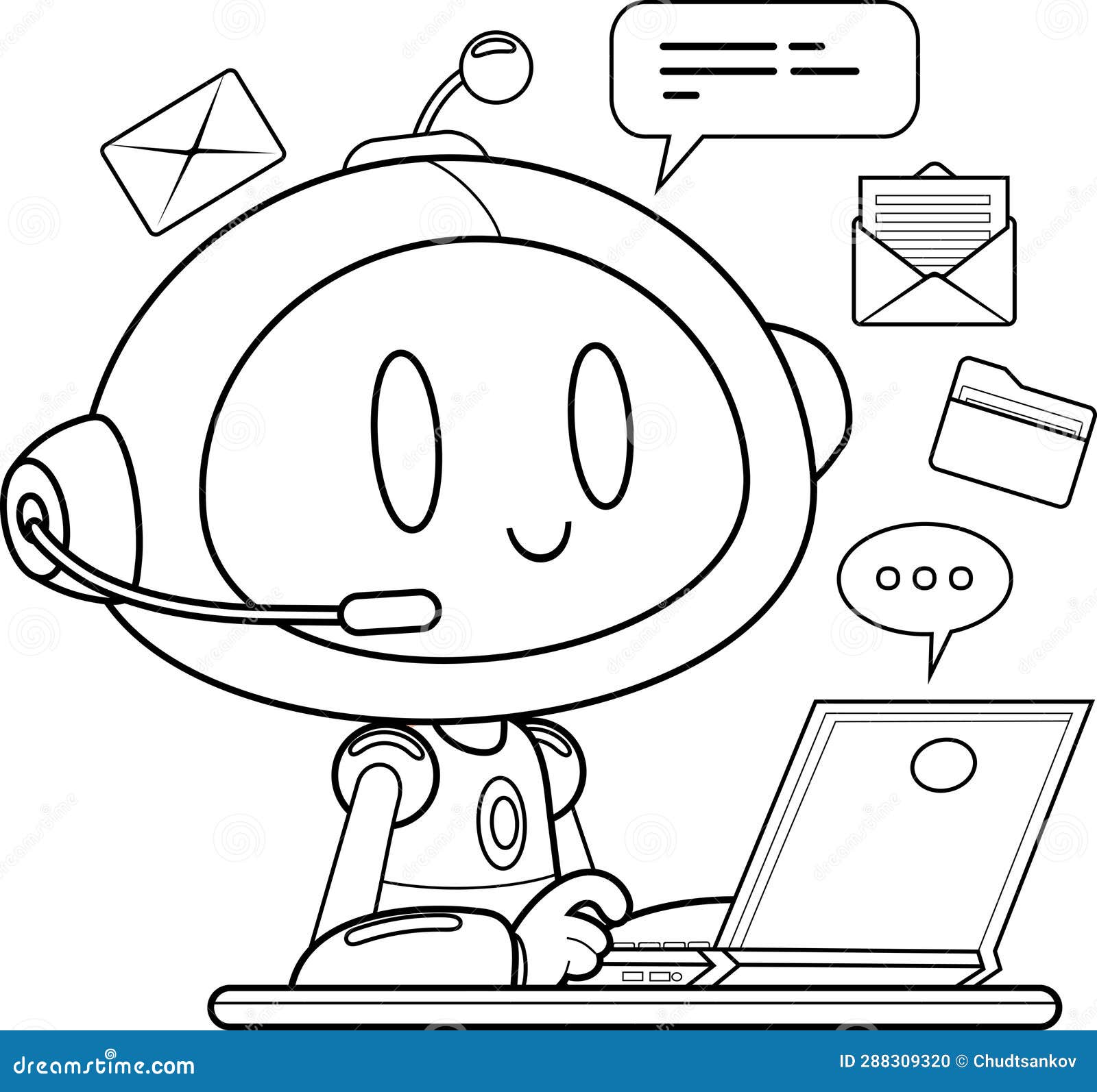 Outlined AI Robot Chat Bot Cartoon Character Call and Chat from Laptop ... Outlined AI Robot Chat Bot Cartoon Character Call and Chat from Laptop ...