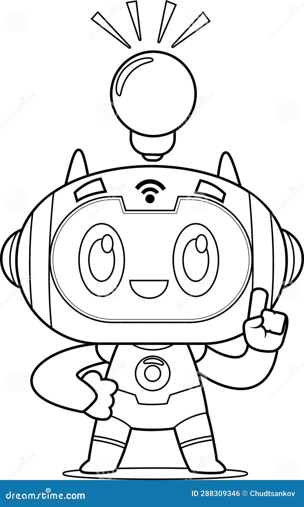 Outlined AI Robot Chat Bot Cartoon Character Having a Bright Idea with ... Outlined AI Robot Chat Bot Cartoon Character Having a Bright Idea with ...